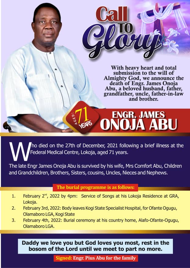 Former Works and Housing Commissioner In Kogi, Engr. James Onoja Abu For Burial February 4th ...