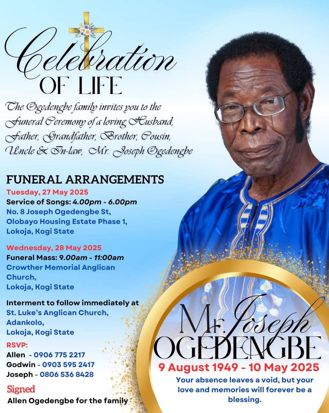 Mr. Joseph Ogedengbe Passes On At Age 76, Family Releases Funeral ...